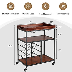 COSTWAY Kitchen Rolling Island Cart, with 9-Bottle Wine Racks & Glass Holders, Utility Beverage Cart Trolley with Lockable Wheels for Home Kitchen, Wooden and Metal Frame, Rustic Brown