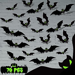 3D Bats Halloween Decorations with Glow Eyes, Spooky and Scary PVC Bats Indoor and Outdoor Halloween Decor for Walls Windows Doors Garage Bathroom Bedroom and Parties, Gothic Decor Stickers 70 PCS