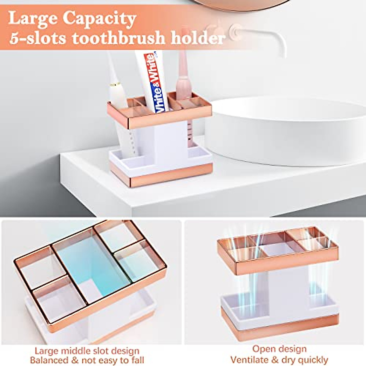 Chintu Kids Toothbrush Holder Set Rust Free Family Toothpaste Holder for Bathroom Countertop, Plastic Toothbrush Organizer Stand, Electric Toothbrush Holder Bathroom Shower Accessories Withe/Rose Gold