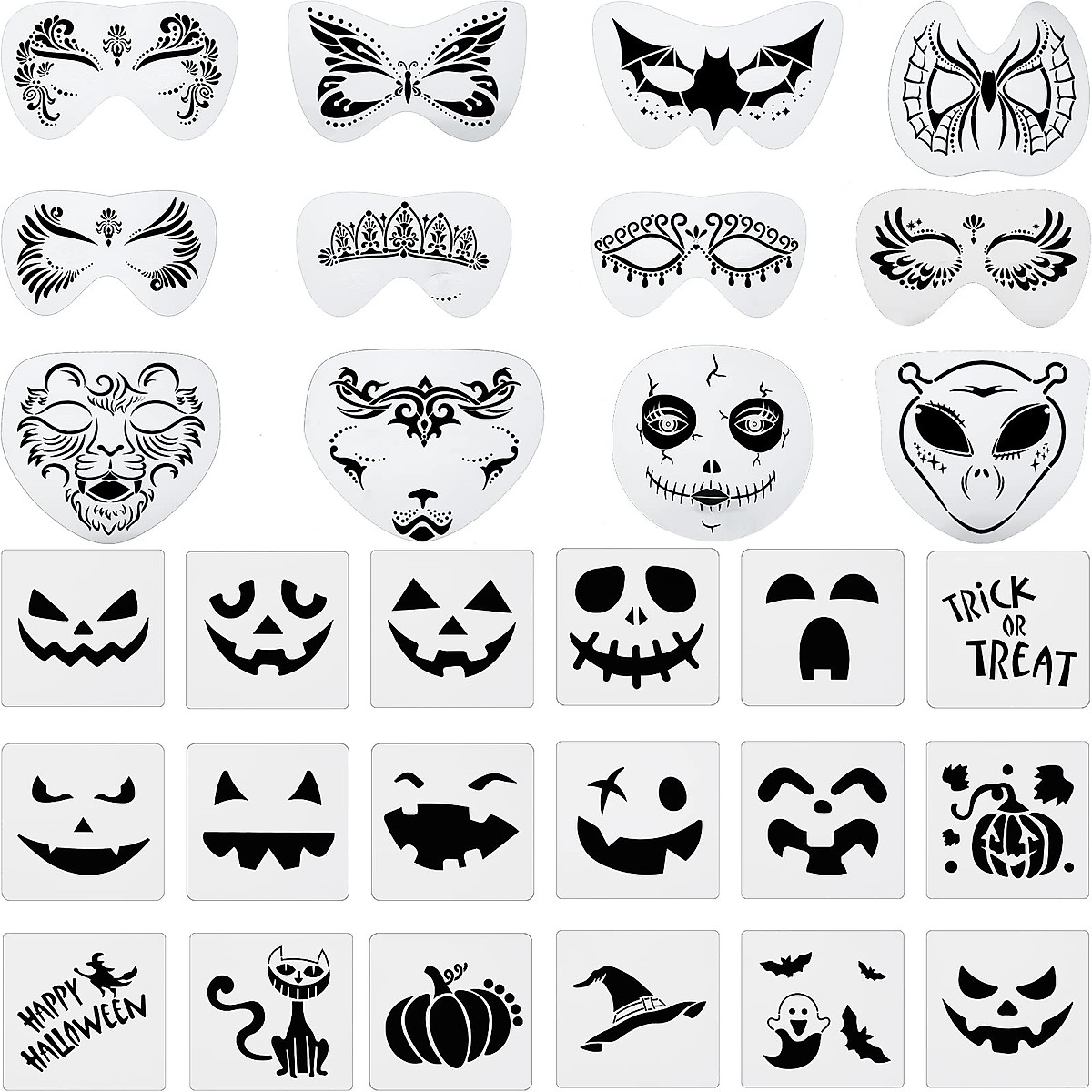 40 Pieces Halloween Face Stencils Kit 12 Pieces Reusable Large Face Paint Stencils Body Painting Template 18 Pieces Halloween Tattoo Stencils 10 Pieces Painting Brushes for Kid Adult Halloween Party