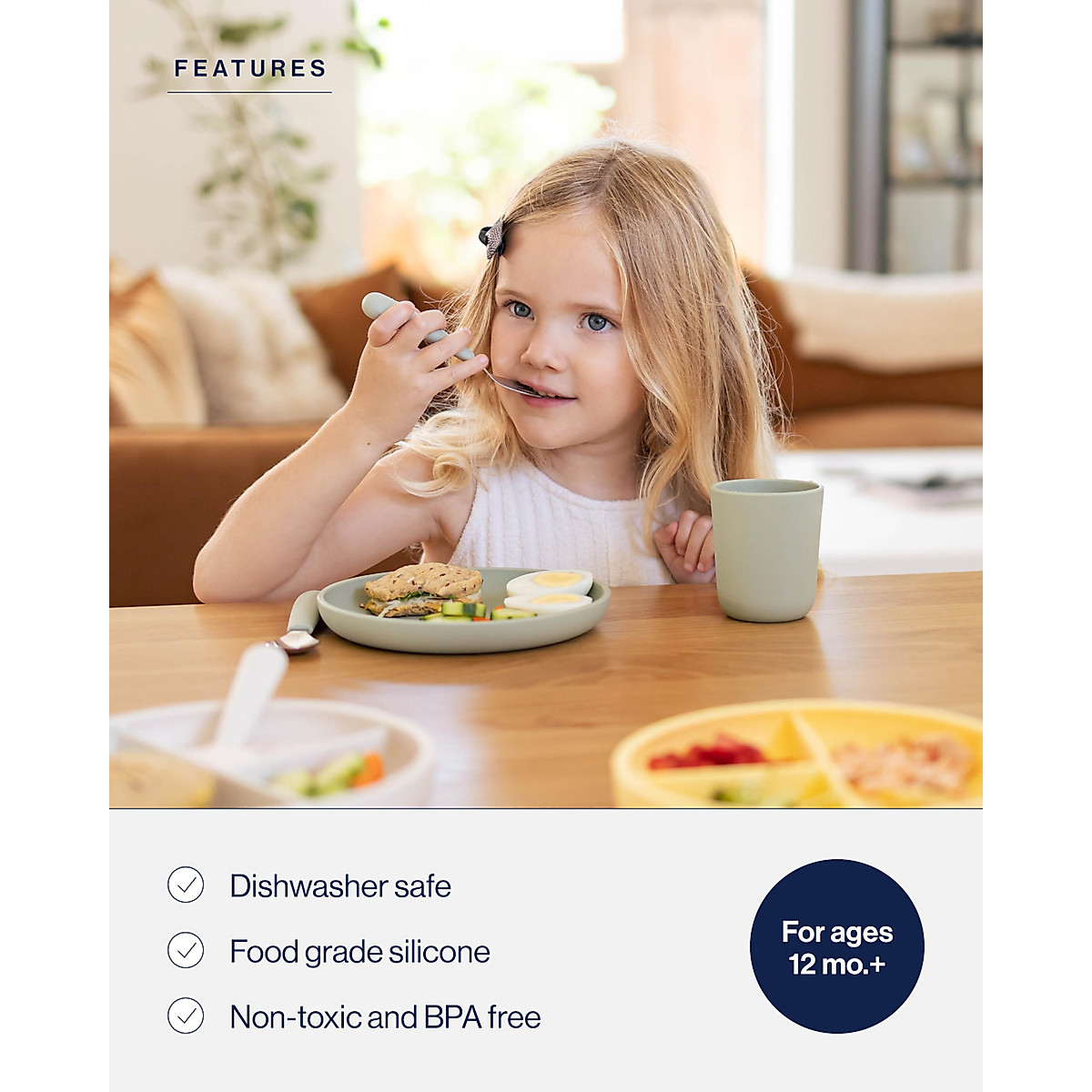 Lalo Big Bites Kids Dinnerware Full Set - Dishwasher Safe, BPA Free, Kids Tableware Set - Includes Stackable Bowl, Plate, Utensils & Cup - 7 Pieces - Honey