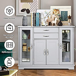 Hysache Buffet Sideboard, Kitchen Storage Cabinet w/2 Drawers & 3 Cabinets, Multifunctional Sideboard Console Table w/Adjustable Glass Shelves for Kitchen, Living Room, Dining Room (Grey)