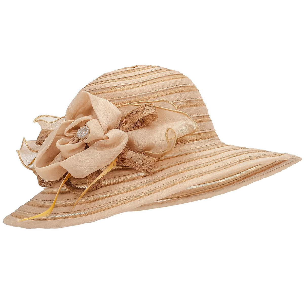 Kentucky Organza Wide Brim Sun Hat Summer Derby Hats for Tea Party Wide Brim Bowler Cap Khaki
