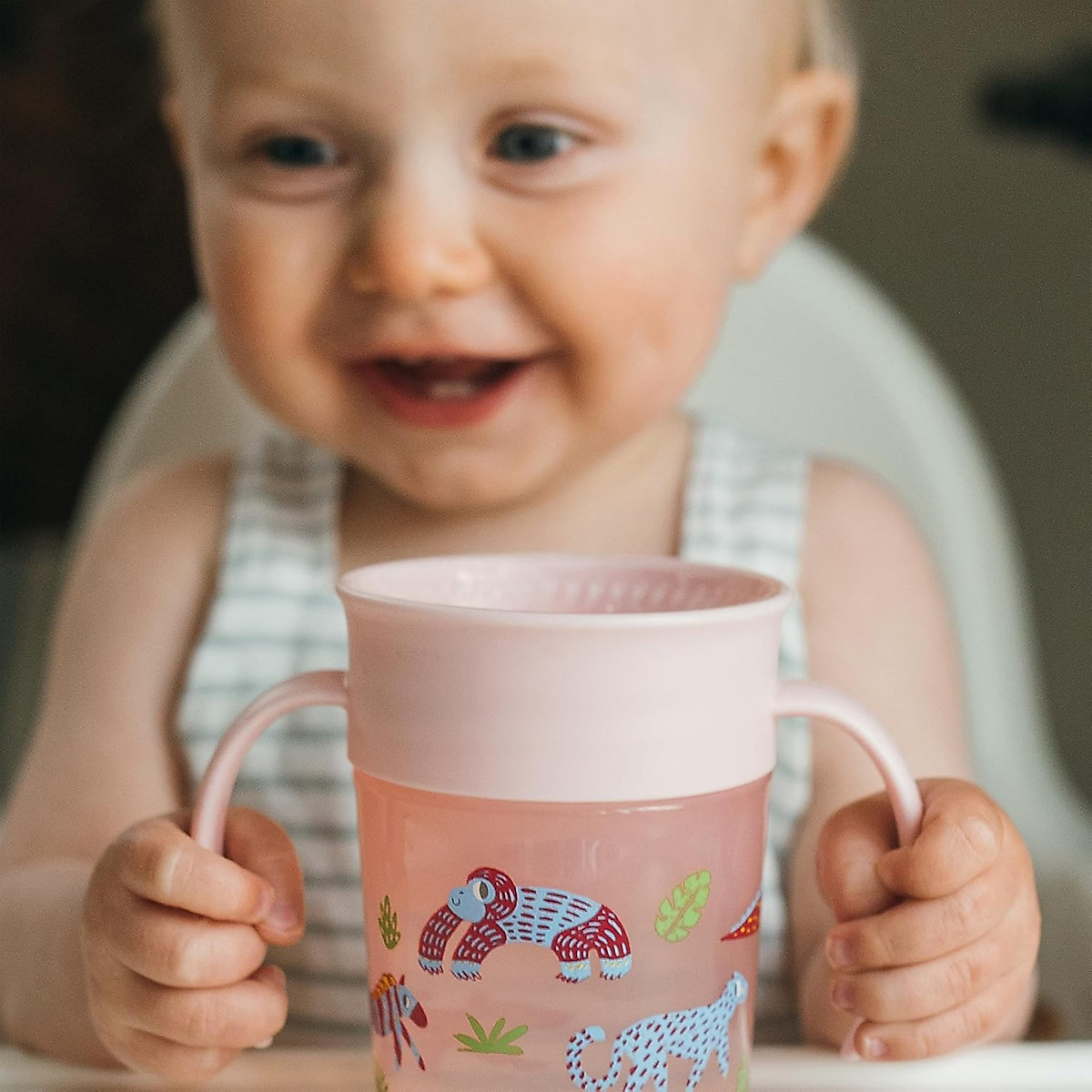 Dr. Brown's Milestones Cheers 360 Cup Spoutless Transition Cup with Handles for Easy Grip and Leak-Free Learning, Pink Safari, 7 oz/200 mL