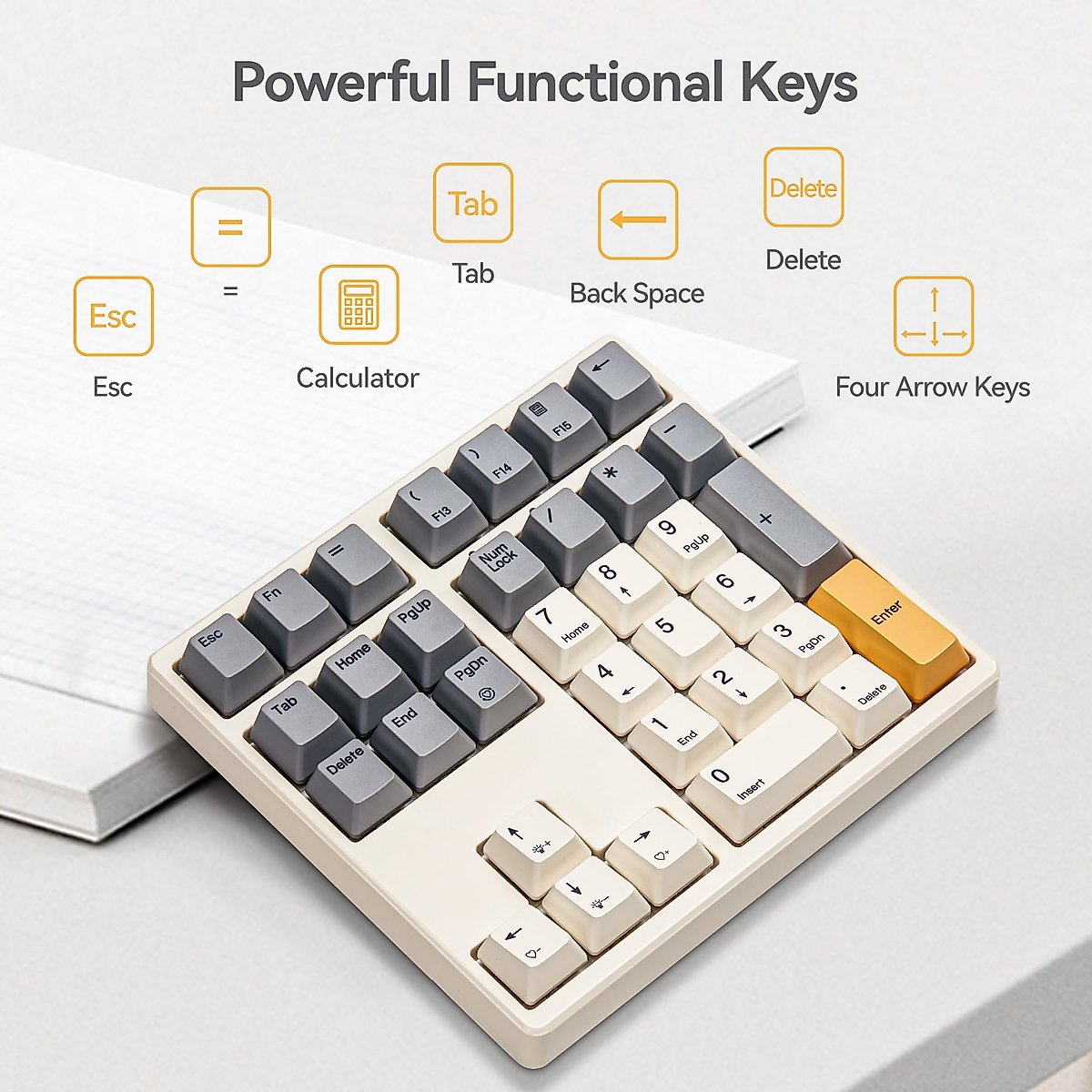 Mechanical Number Pad,34 Key Wired USB Numeric Keypad White Backlit Hot Swappable Numpad with PBT Keycaps for Laptop, MacBook,PC Desktop (Retro Beige,Brown Switch)