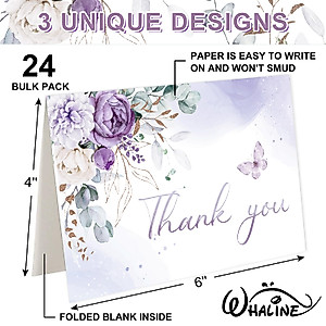 Whaline 24 Pack Purple Floral Thank You Cards with Envelopes Stickers 3 Design Watercolor Flower Greeting Cards Spring Blank Note Cards for Baby Shower Wedding Birthday Party, 4 x 6 Inch