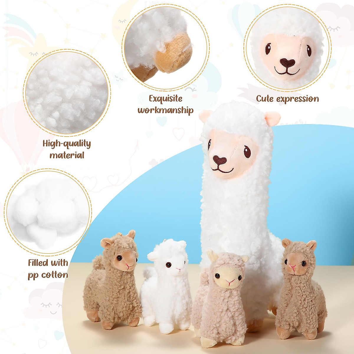 Jenaai Llama Stuffed Animals with 4 Baby Llamas Cute Alpaca Plush Set Kawaii Llama Soft Pillow Dolls for Kids Girls Birthday Wedding Anniversary Presents Home Sofa Decorations