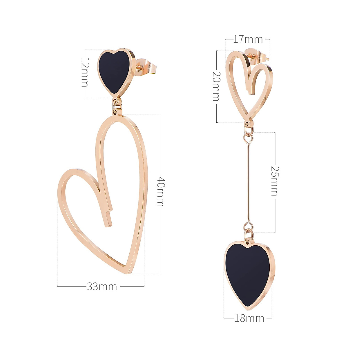 Linawe Black Heart Earrings, Rose Gold Hypoallergenic Stainless Steel Dangle Drop Earrings Dangling, Preppy Stuff Y2K Cute Asymmetrical Earrings, Gift Valentine's Day Anniversary