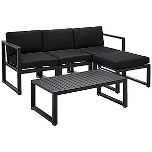 Christopher Knight Home Navan Outdoor Aluminum Sofa Set with Water Resistant Cushions, 5-Pcs Set, Dark Grey / Black