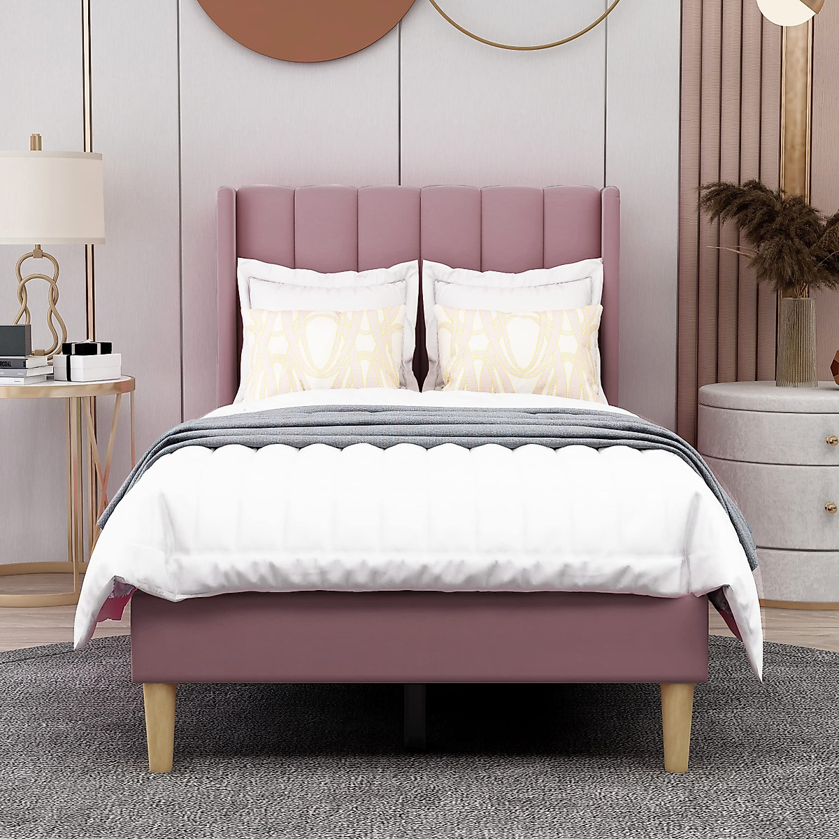 AGARTT Upholstered Platform Bed Frame Twin Size with Headboard and Footboard/Wooden Slats Support/No Box Spring Needed/Easy Assembly,Pink Velvet