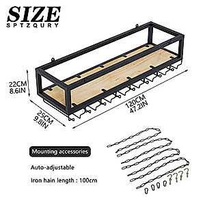 Ceiling Wine Glass Rack - Hanging Wine Rack with Glass Holder and Shelf, Height Adjustable Industrial Hanging Wine Bottle Holder, Black Metal Ceiling Shelf for Bar Cafe Kitchen (47.2×9.8×8.6in)