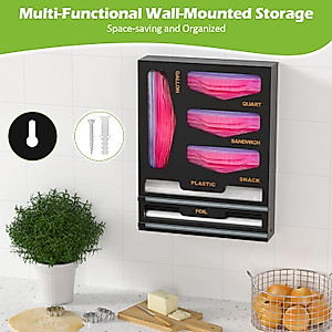 LUYABA 6 in 1 Bag Organizer and Wrap Dispenser with Magnetic Lid - Plastic Wrap Dispenser with Cutter for Kitchen Drawer, Storage for Gallon, Quart, Sandwich, Snack Bags, and Foil Black