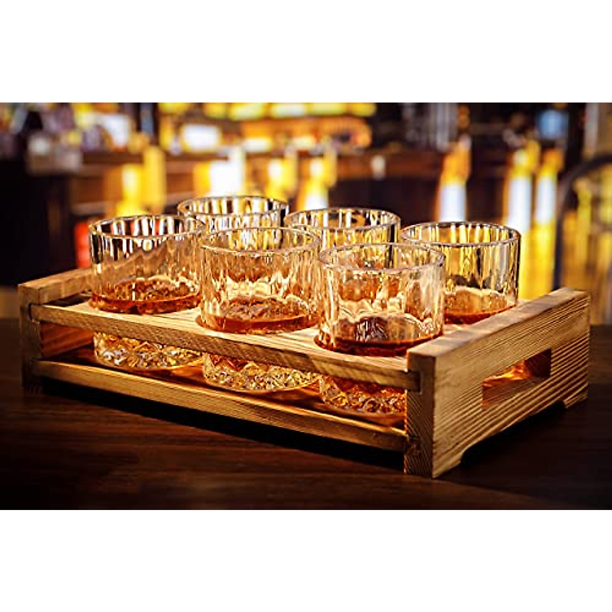 Mloxy Whiskey Glass Server Universal | Drink Carrier Six Glass Holder| Rustic Wood Bar Serving Tray | Server Tray for Home & Bars | 13.5x8x3” Bar Tray | Whiskey Serving Tray | Drink Caddy