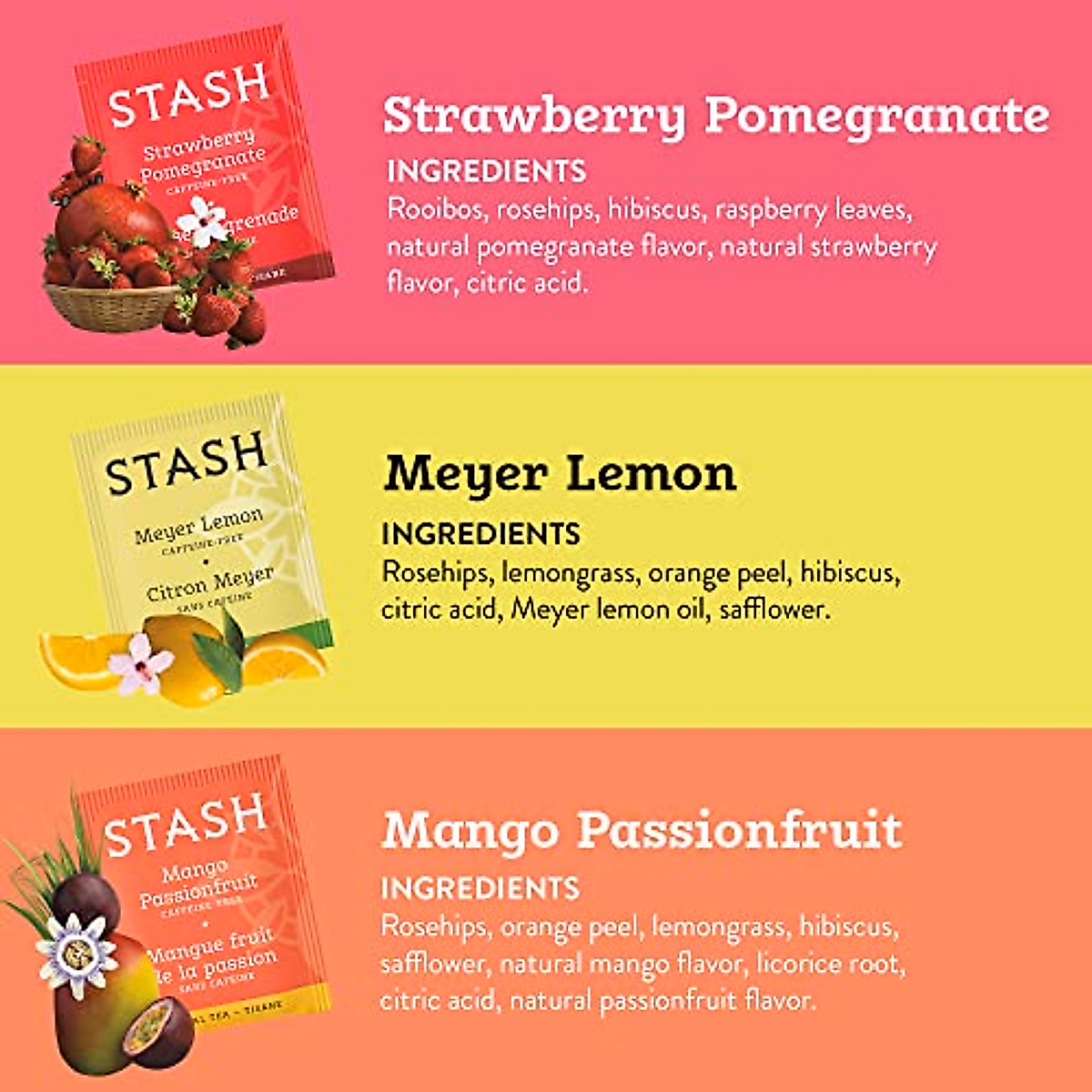 Stash Tea Fruity Herbal Tea 6 Flavor Tea Sampler, 6 boxes With 18-20 Tea Bags Each