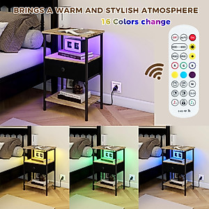 Fun Memories Nightstand with Charging Station, Solid Wood Nightstand, LED Night Stand with Fabric Drawers for Bedroom, Nightstands Bedside Tables with USB Ports & Outlets, Bed Side Table, Set of 1