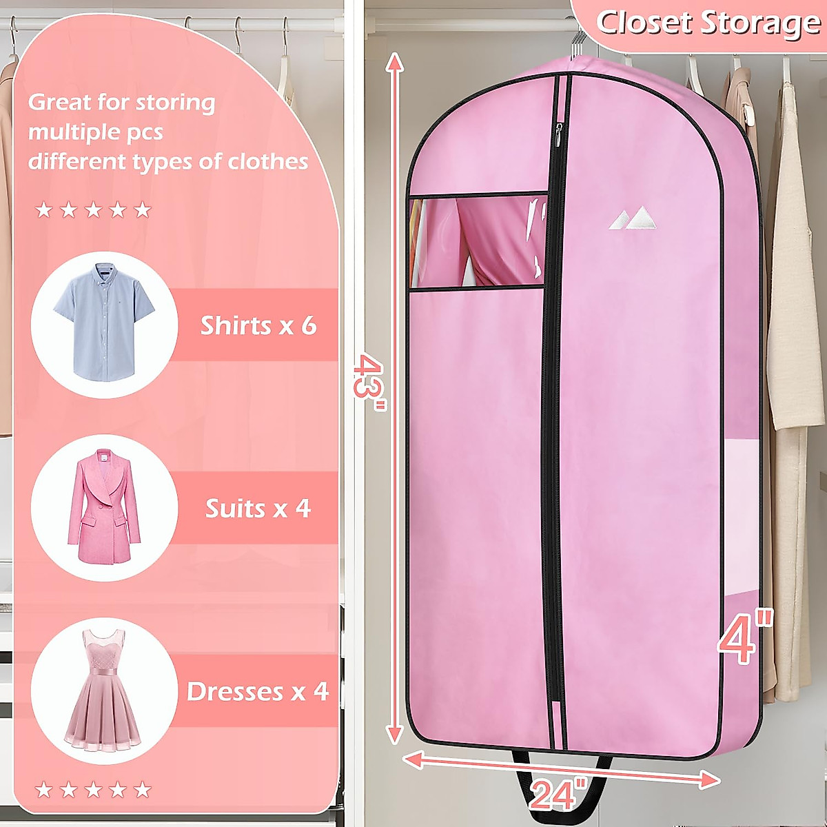 MISSLO 43" Pink Garment Bags for Travel for Women Waterproof Oxford Fabric Suit Bags for Closet Storage Dress Cover Hanging Clothes Bag