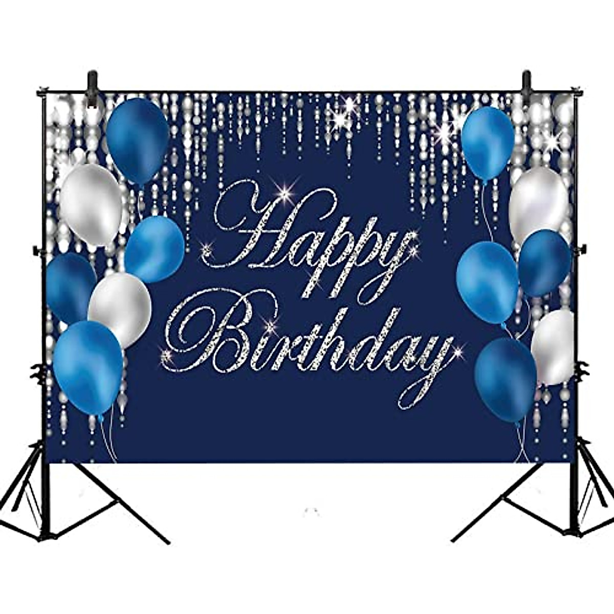 Happy Birthday Backdrop Navy Blue and Silver Happy Birthday Sign Blue Happy Birthday Banner Photo Studio Backdrop Birthday Party Supplies Photography Background for Favor Children Men Women 5x3ft