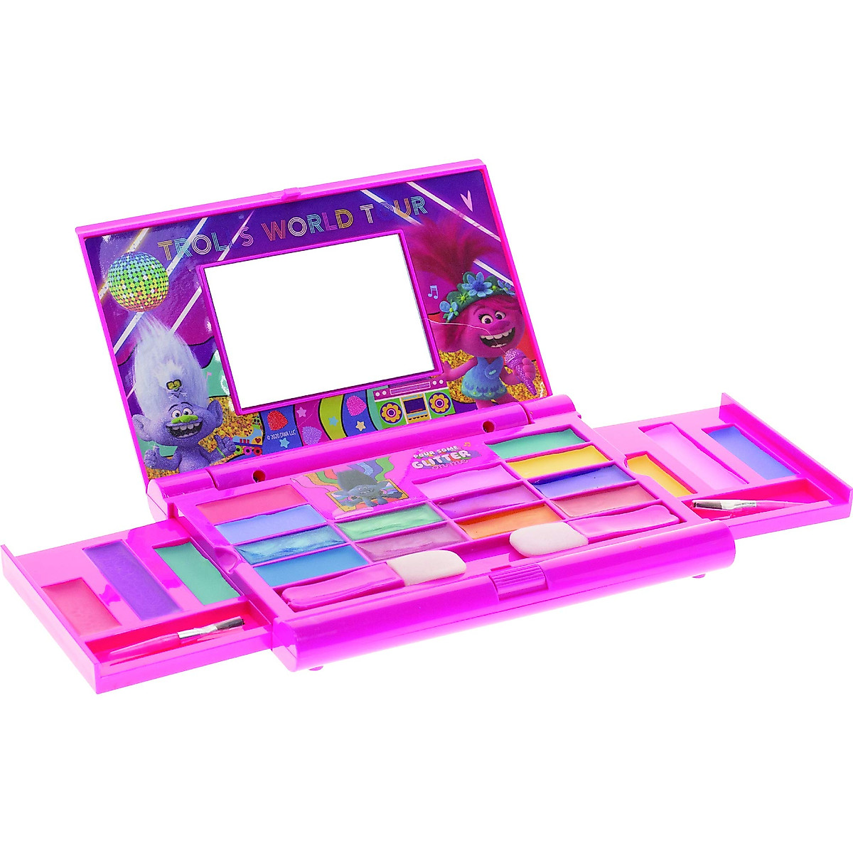 Townley Girl Super Sparkly Lip Compact Cosmetic Set for Girls, 22 Lip glosses, 4 blushes in Mirrored Case (Trolls)
