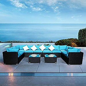 Klismos Outdoor Patio Furniture Set Rattan Wicker Sectional Sofa Conversation Set with Coffee Table and Pillows(Blue 12PCS)