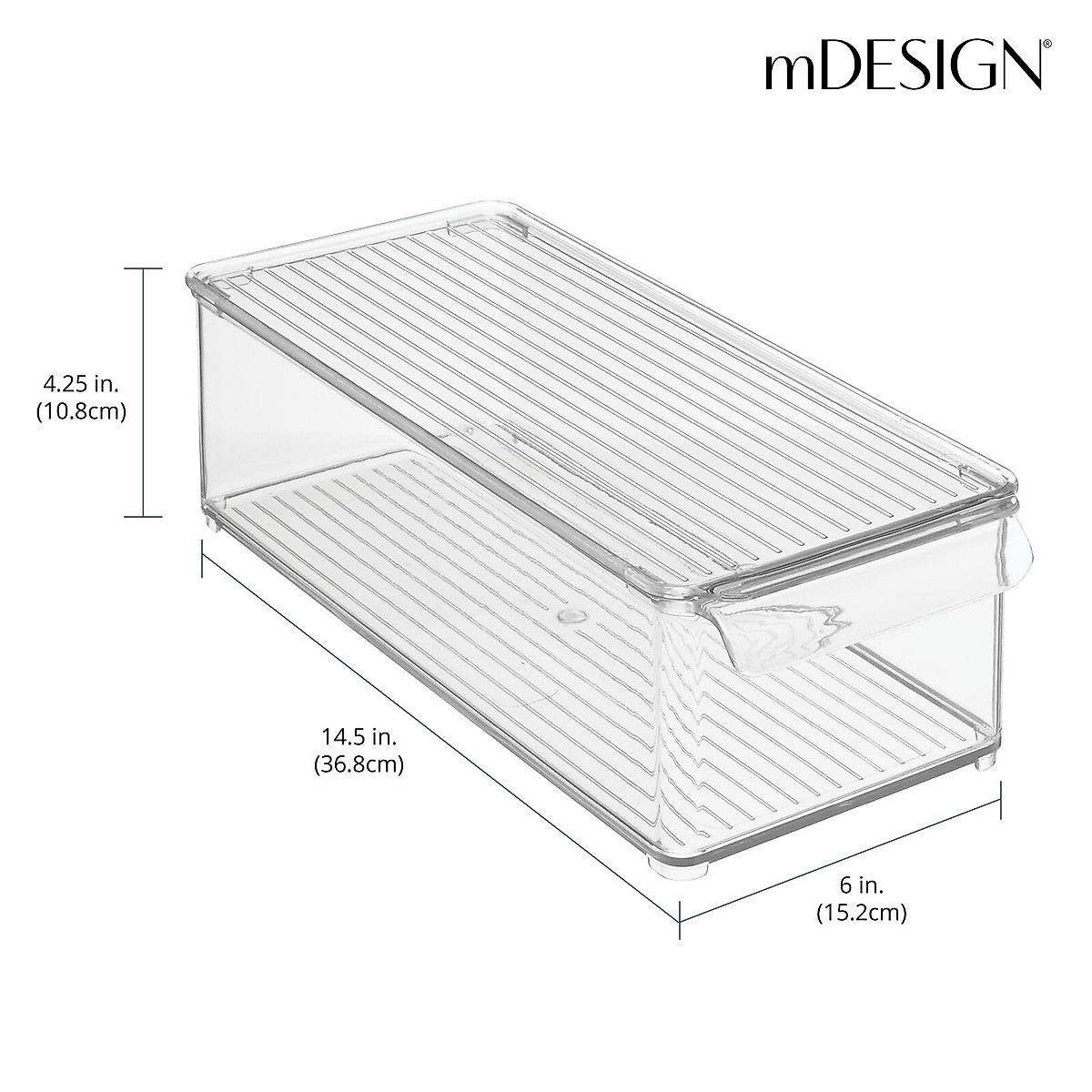 mDesign Slim Plastic Food Storage Container Bin with Lid and Front Handle for Kitchen, Pantry, Cabinet, Fridge and Freezer - Organizer for Snacks, Produce, Vegetables, Pasta, Drinks - 4 Pack, Clear