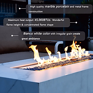 ELEMENTI Outdoor Fire Table 45,000 BTUs Natural Gas Firepit Patio Coffee Table Furniture, Backyard Fireplace Marble Porcelain Rectangle Fire Pit, 17Inch-High (White)