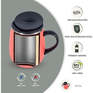 Ideus 16 oz Insulated Coffee Mug with Handle and Lid, Double Wall Stainless Steel Vacuum Insulated Tumbler Cup, Travel Coffee Cup Thermal Cup for Home and Office, Coral