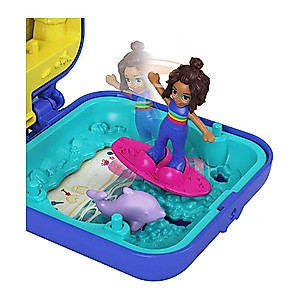Polly Pocket Shani Tropical Beach Compact with Mobile Ice Cream Cart, Surfboard, Dolphin Figure, Photo Customization, Micro Shani Doll & Sticker Sheet; for Ages 4 Years Old & Up