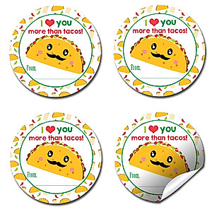 “I Like You More Than Tacos” Taco-Themed Valentine Party Favor Sticker Labels, 40 2" Party Circle Stickers by AmandaCreation, Great for Classroom Valentines, Envelope Seals, Gifts & Treats