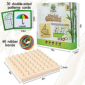 Panda Brothers Wooden Geoboard - Montessori Toys for 3 4 5 Year Old Kids and Toddlers, Educational Toy with 30 Pattern Cards and 40 Rubber Bands to Create Figures, Brain Teaser STEM Toy Geo Board