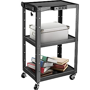 VEVOR Steel AV Cart, 24-42" Height Adjustable Media Cart with Electric Power Cord, 24 x 32 Presentation Cart with 3 Shelves, 150 LBS Rolling Projector Cart with and 2 Brakes Suitable for Load-Bearing
