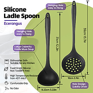 Silicone Soup Ladle Spoon Set of 2,Silicone Nonstick Large Skimmer Slotted Spoons,Kitchen Ladle Strainer Spoons Heat Resistant Cooking Utensil for Cooking Stirring Serving Draining Frying