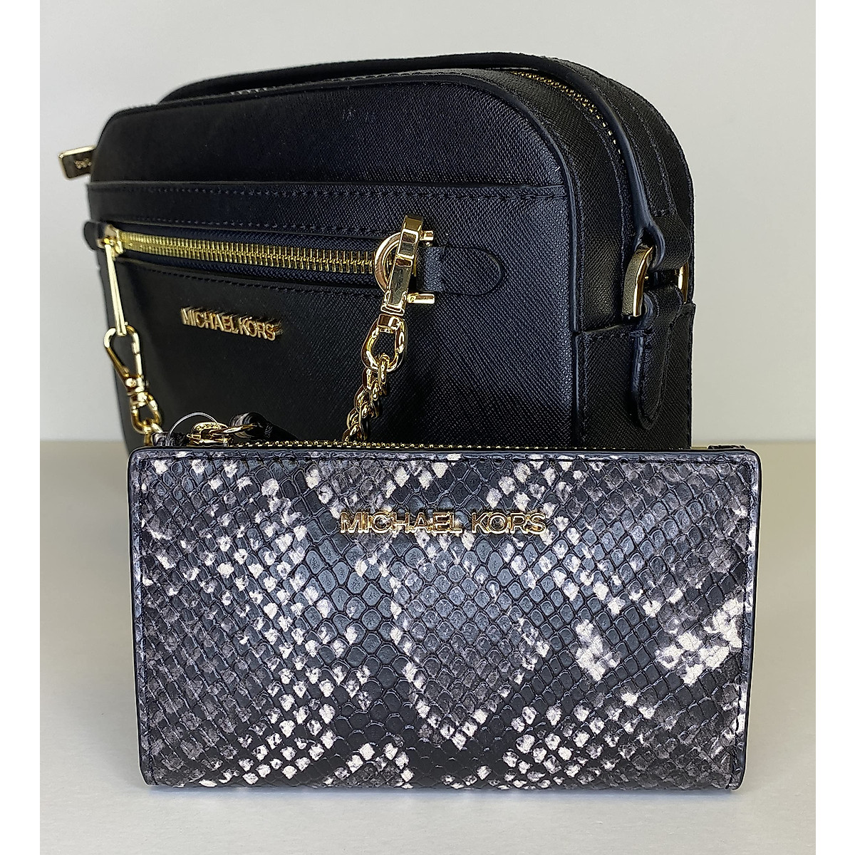 MICHAEL Michael Kors Jet Set Large Crossbody Bag bundled with Jet Set Travel SM Zip Card Case Wallet (Black/Python Embossed)