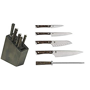 Shun Cutlery Kanso 6-Piece Block Set, Kitchen Knife and Knife Block Set, Includes Kanso 8” Chef, 5.5” Santoku, 6” Utility & 3.5” Paring Knives, Handcrafted Japanese Kitchen Knives