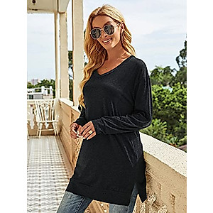 XUERRY Womens Casual V-NECK Long Sleeves Pocket Solid Color Sweatshirt Tunics Blouse Tops (X9009Black,L)
