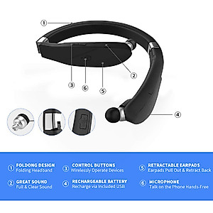 Bluetooth Foldable Headphones Neckband Wireless Headset Retractable Earbuds HD Stereo Noise Cancelling Earphones with Mic by CaYoumi (Call Vibrate Alert, 12 Hours Talktime, Black)