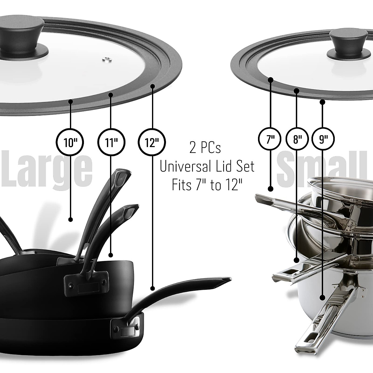 J&C LIFE Universal Lids for Pots, Pans & Skillets (2PCs, Grey) Fits 7-8.5, 10-12 Inch Frying Pan Skillet, Glass Pan Lids with Heat Resistant Silicone Rim, Pan Cover for Cast Iron Skillet Cookware