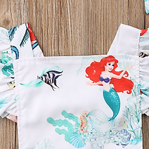 Baby Girls Rompers, Mermaid Sea World Pattern Flower Edge Bodysuit with Hairband Outfits Clothes（White，6-12M