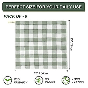 PiccoCasa 100% Cotton Dishcloths Set of 6, 13 x 13 Inch, Soft Absorbent Drying Kitchen Washcloths, Plaid Gingham with Hang Loop - Green