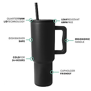 Buho Outdoor Tumbler, 40 oz, Double-Wall Insulated, Ergonomic Handle with Lid Straw (Black)