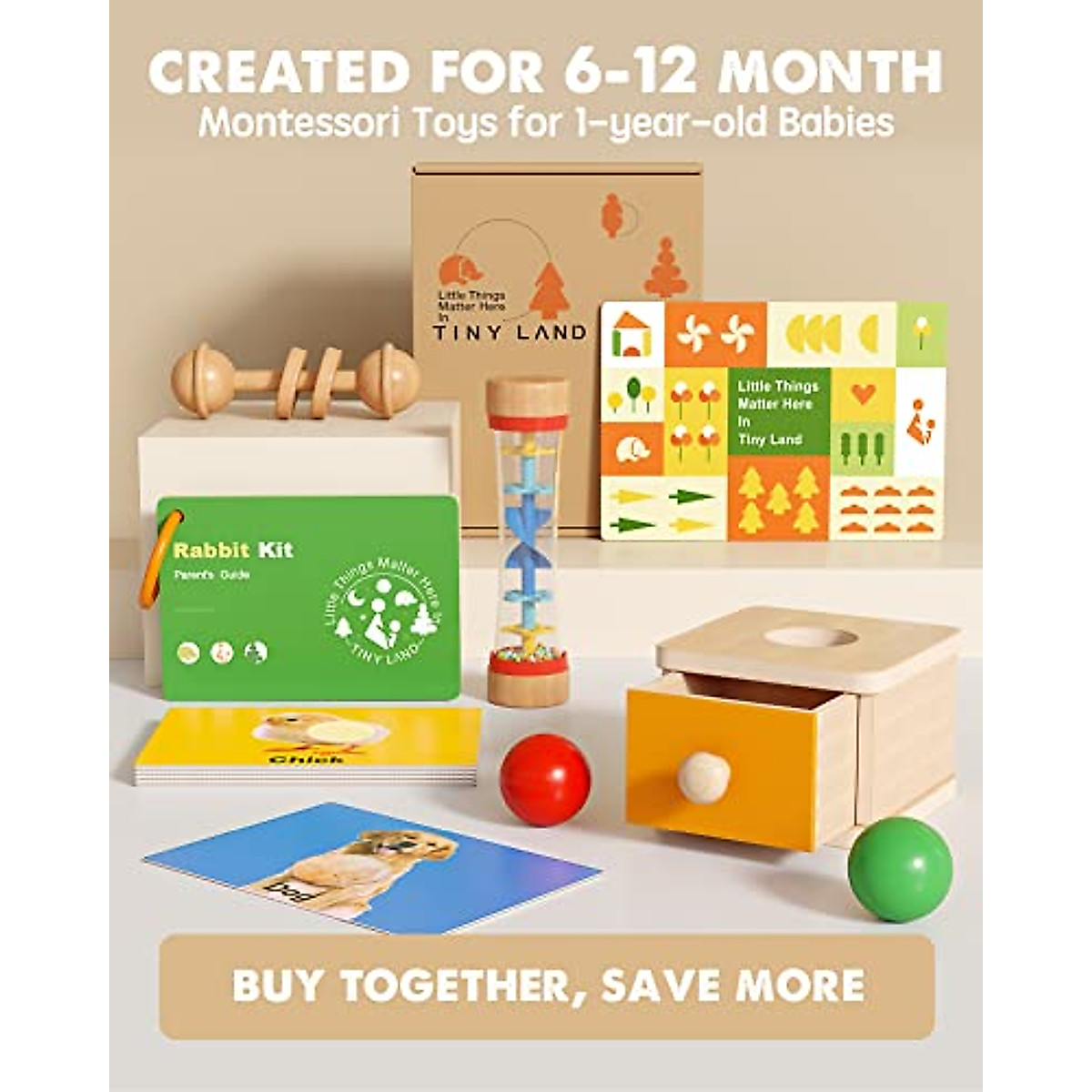 Tiny Land Montessori Toys for Babies 6-12 Months-4 in 1 Wooden Learning Educational Toy Set Includes Teething Toy, Rainmaker Baby Toy, Flash Card and Object Permanence Box-Gift for 1 Year Old Infant