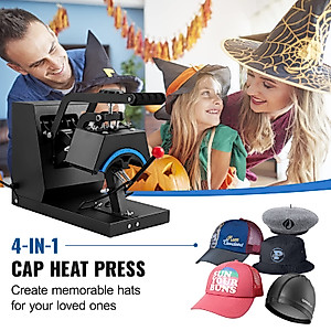 VEVOR 4-in-1 Heat Press Machine for Hats with 6x3inches Curved Teflon-Coated Heat Plate, Easy Temperature Control Non-Slip Base, Four Replaceable Elements 6x3/6.7x2.7/6.7x3.8/8.1x3.5inches