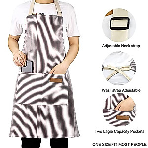 2 Pack Apron, Cotton Cooking Kitchen Aprons, Adjustable Bib Apron with 2 Pockets for Men Women Chef Aprons,(Black/Brown Stripes)