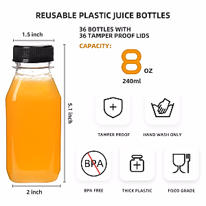 OAMCEG 36 PCS Juice Bottles with Caps, 8 oz Small Bottles for Liquids, Plastic Containers with Lids, Clear Juicing Bottles Reusable, Mini Fridge Bottles for Juicing, Smoothie, Drinking, Beverages