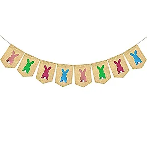 FAKTEEN Rabbit Burlap Banner Colorful Easter Bunny Bunting Garland for Happy Easter Decorations Spring Themed Baby Shower Birthday Party Supplies
