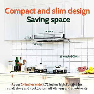 FIREGAS 24 inch Range Hood Under Cabinet, 300CFM Ducted/Ductless Convertible Kithen Hood in Stainless Steel with 2 watt LED Light and Filter, 2 fan speeds, hassle-free installation