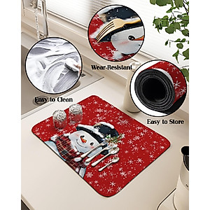 Red Snowman Dish Drying Mat for Kitchen Counter, Absorbent Quick Dry Coffee Bar Mat Pad Thin Diatomaceous Sink Mat Non Slip Dish Drainer Mat 16''x24'' Winter Christmas Buffalo Plaid Berry Watercolor