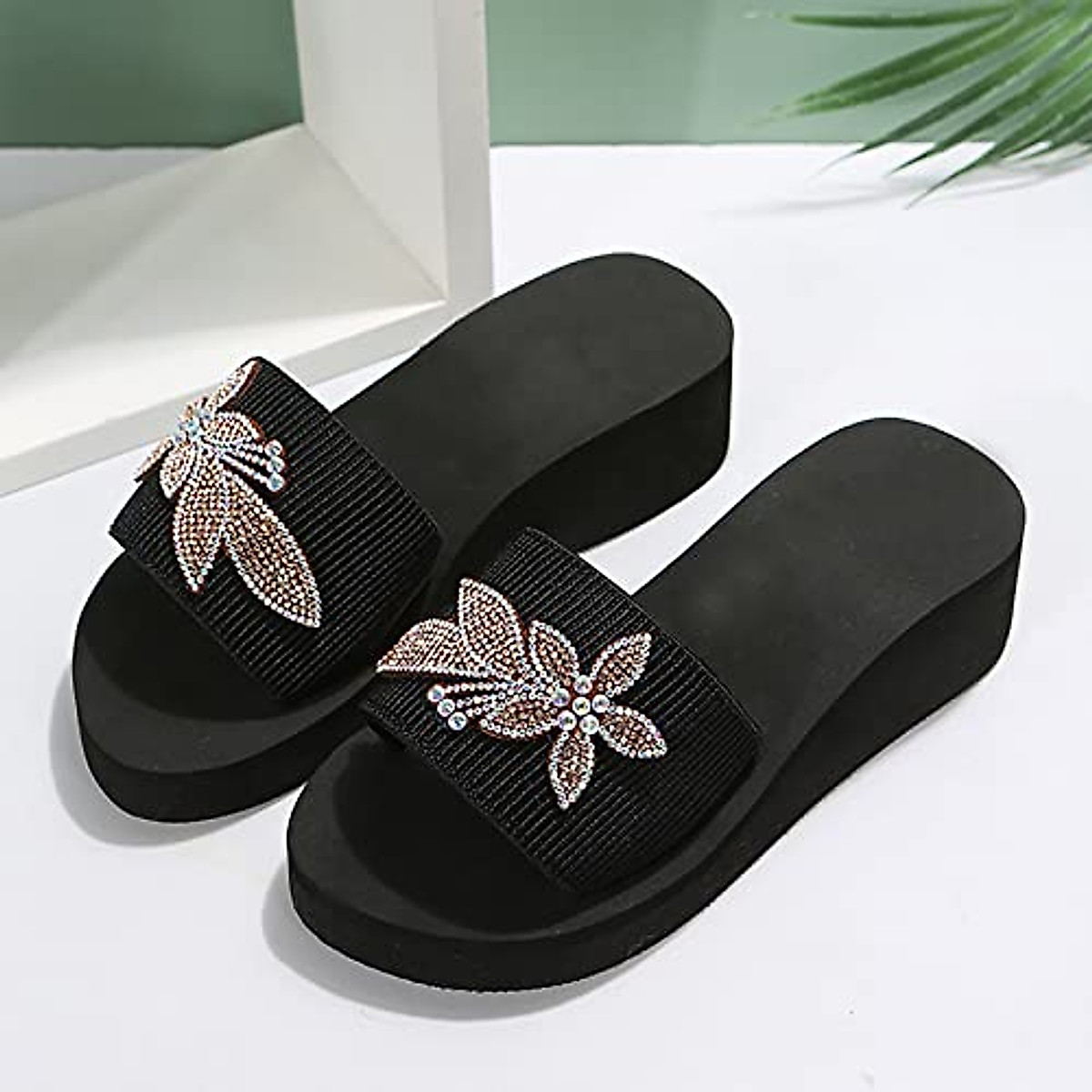 Coerni Nine Slippers Women Spring 2023 New European and American Fashion Rhinestone Butterfly Thick Bottom Large Wedge Heel Slippers (Black, 9)