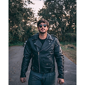 HWK Brando Leather Motorcycle Jacket for Men, Genuine Black Leather Jacket with Removable CE Armor & Micro Polyester Thermal Lining for Weather & Water Resistant Enduro Motorbike Riding - XX Large