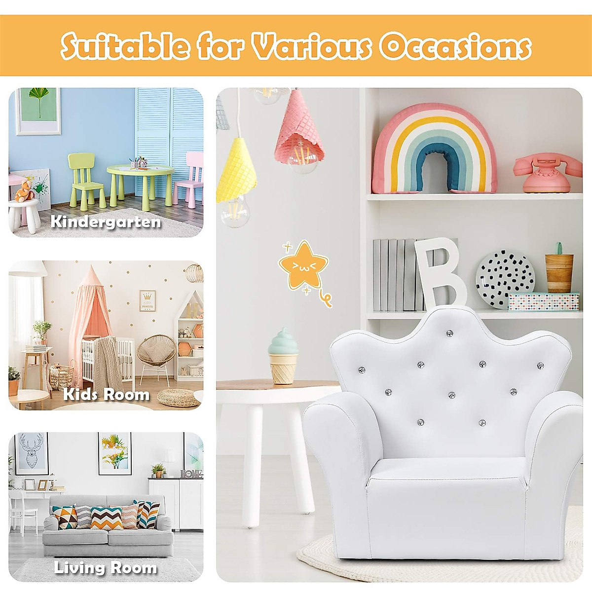 FIREFLOWERY Toddler Chair, Toddler Chairs Comfy, Princess Kids Couch with Ottoman, Toddler Couch with Wooden Frame and PVC Leather, Kids Sofa for Girls and Boys, Ideal for Bedroom, Living Room