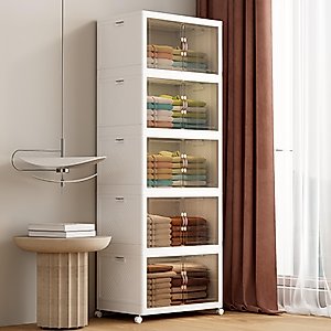 JOYMOOP Folding Storage Bins Organizer, 49.6 Quart Collapsible Storage Box with Wheels and Door, Stackble Plastic Storage Container for Clothing, Books and Sundries (XL-12.4Gal-5Tiers, White)